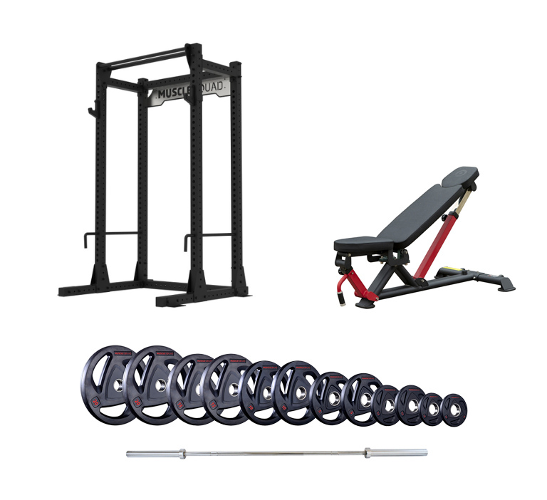 MuscleSquad Freestanding Squat Rack, Bench, Barbell and Weights Packag ...